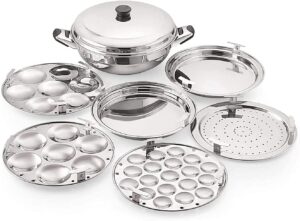 tabakh ckitze stainless steel multi kadai with steamer plate, mini idli plate, 2 idli plates, 2 dhokla plates, induction friendly