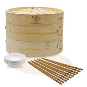 zhalk bamboo steamer basket, steam basket for vegetables, two-tier baskets, multipurpose food steamer, sturdy dumpling steamer includes liners, quick and easy to use bao steamer