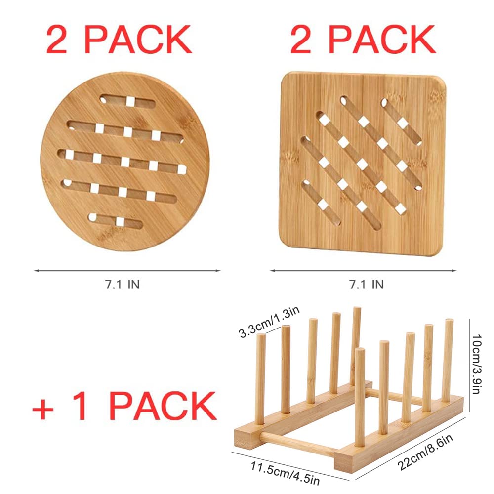 5 Pack Trivets for Hot Pots and Pans with Plate Rack Holder Set - Natural Bamboo Hot Pad No-Slip Design - Bamboo Trivets for Hot Dishes, Pot, Bowl, Teapot(2 Square 2 Roundness 1 Storage Rack)