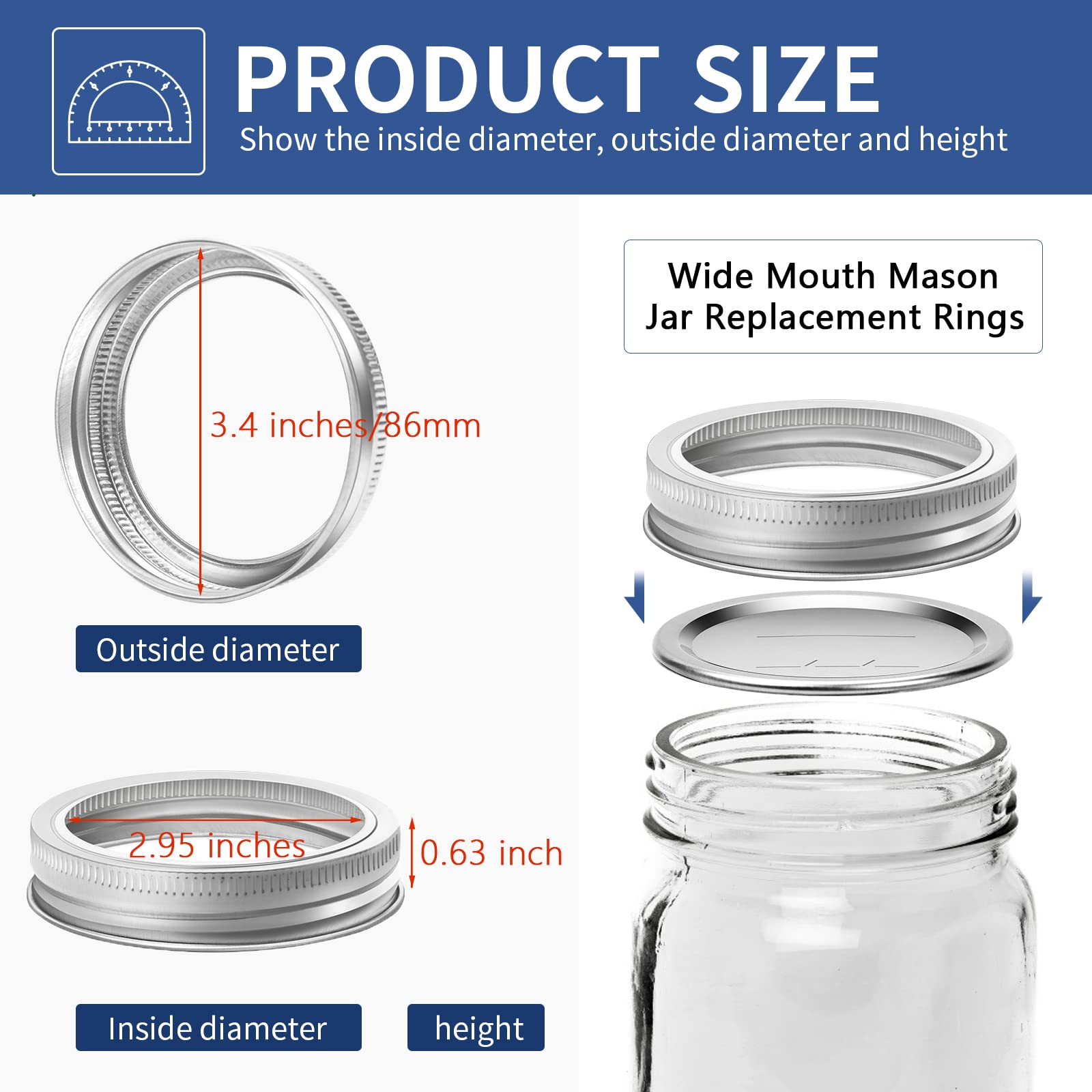 48 PCS Wide Mouth Canning Rings, Wide Mouth Mason Jar Rings - Split-Type Seals Jar Rings, Replacement Metal Rings Rust Proof Leak Proof Screw Bands for Wide Mouth Jar