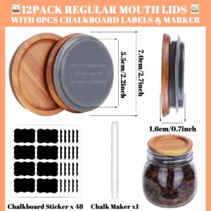 12Pack Regular Mouth Mason Jar Lids with Chalkboard Labels and Chalk Marker, Acacia Wooden Storage Canning Jar Lids Ball Jars Bamboo Wooden Lids with Airtight Silicone Seal