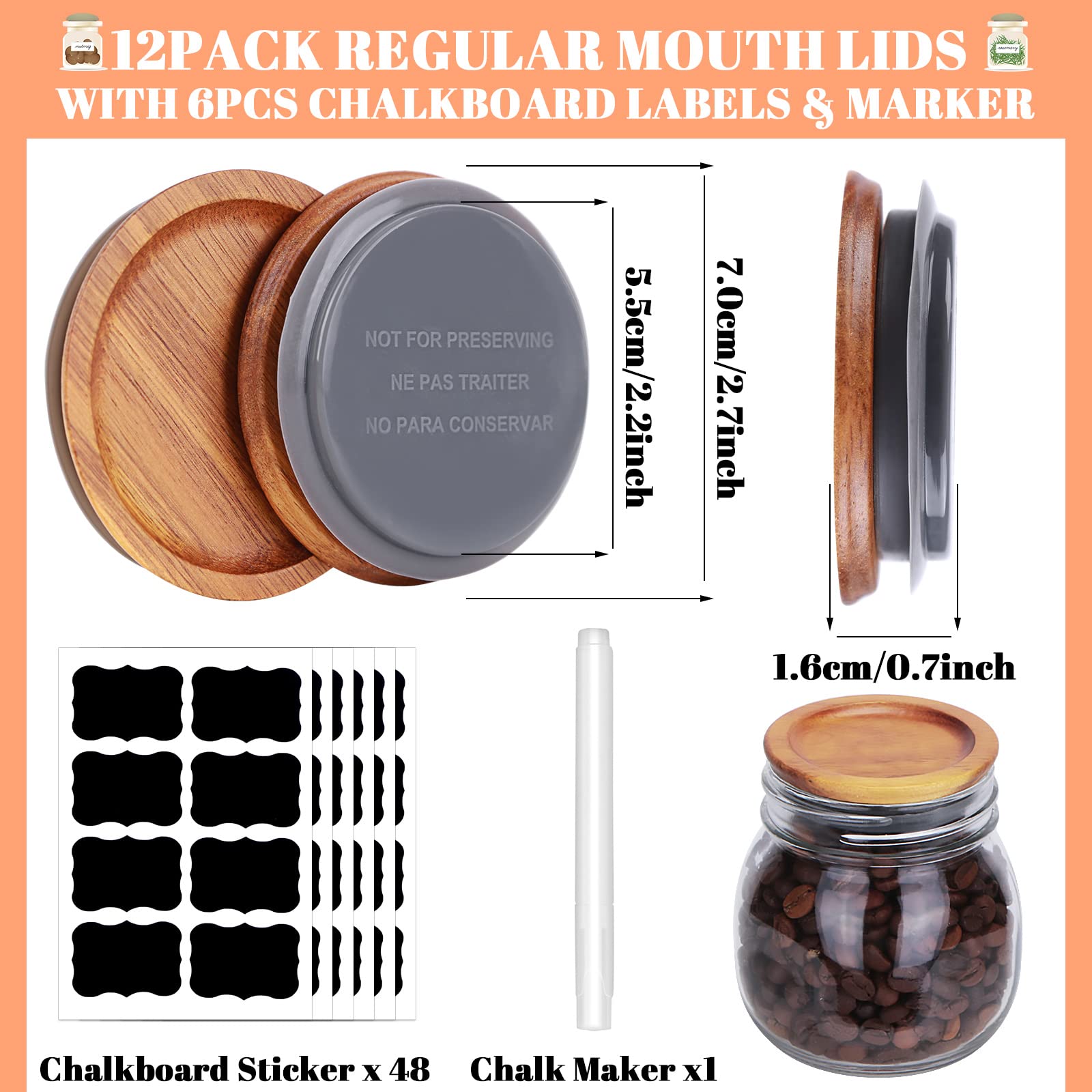 12Pack Regular Mouth Mason Jar Lids with Chalkboard Labels and Chalk Marker, Acacia Wooden Storage Canning Jar Lids Ball Jars Bamboo Wooden Lids with Airtight Silicone Seal