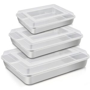 teamfar lasagna pan(3 pan & 3 lids), 12⅖” & 10¼” & 9⅖” cake pan with lids, rectangular baking pan stainless steel bakeware set for lasagna cake brownie, healthy & sturdy, dishwasher safe