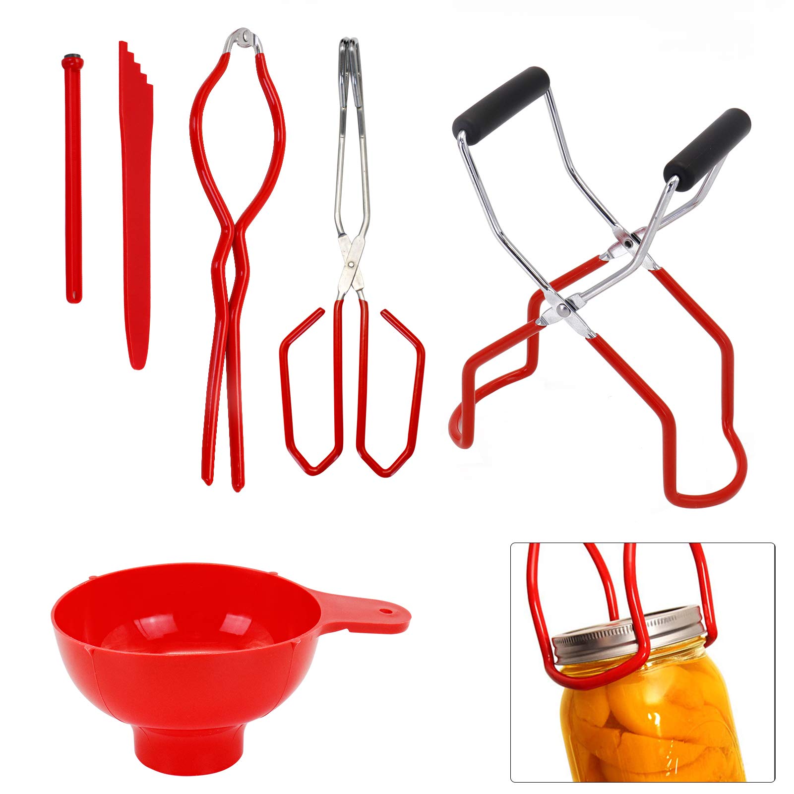 Canning Kits, Canning Jar Lifter with Grip Handles, Jar Tongs, Jar Wrench, Lid Lifter, Funnel for Wide Mouth and Regular Jars in Home Canning Supplies, Kitchen Tool Anti-Scald Clip Suit (Red)