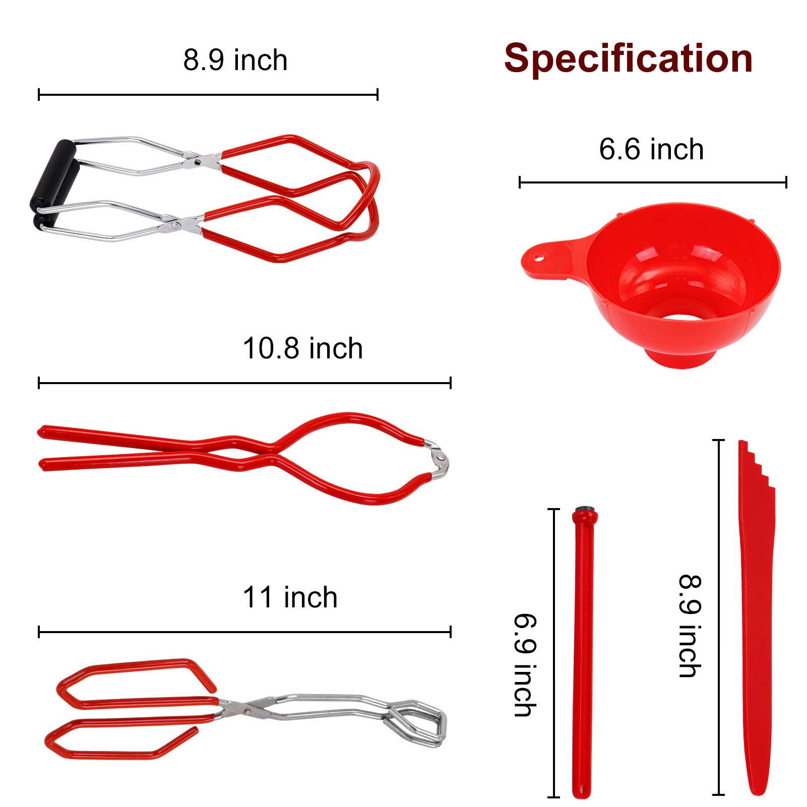 Canning Kits, Canning Jar Lifter with Grip Handles, Jar Tongs, Jar Wrench, Lid Lifter, Funnel for Wide Mouth and Regular Jars in Home Canning Supplies, Kitchen Tool Anti-Scald Clip Suit (Red)