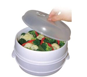 dependable industries 2 tier microwave steamer healthy cooking quick fast vegetables meats poultry fish no oil needed! bpa free