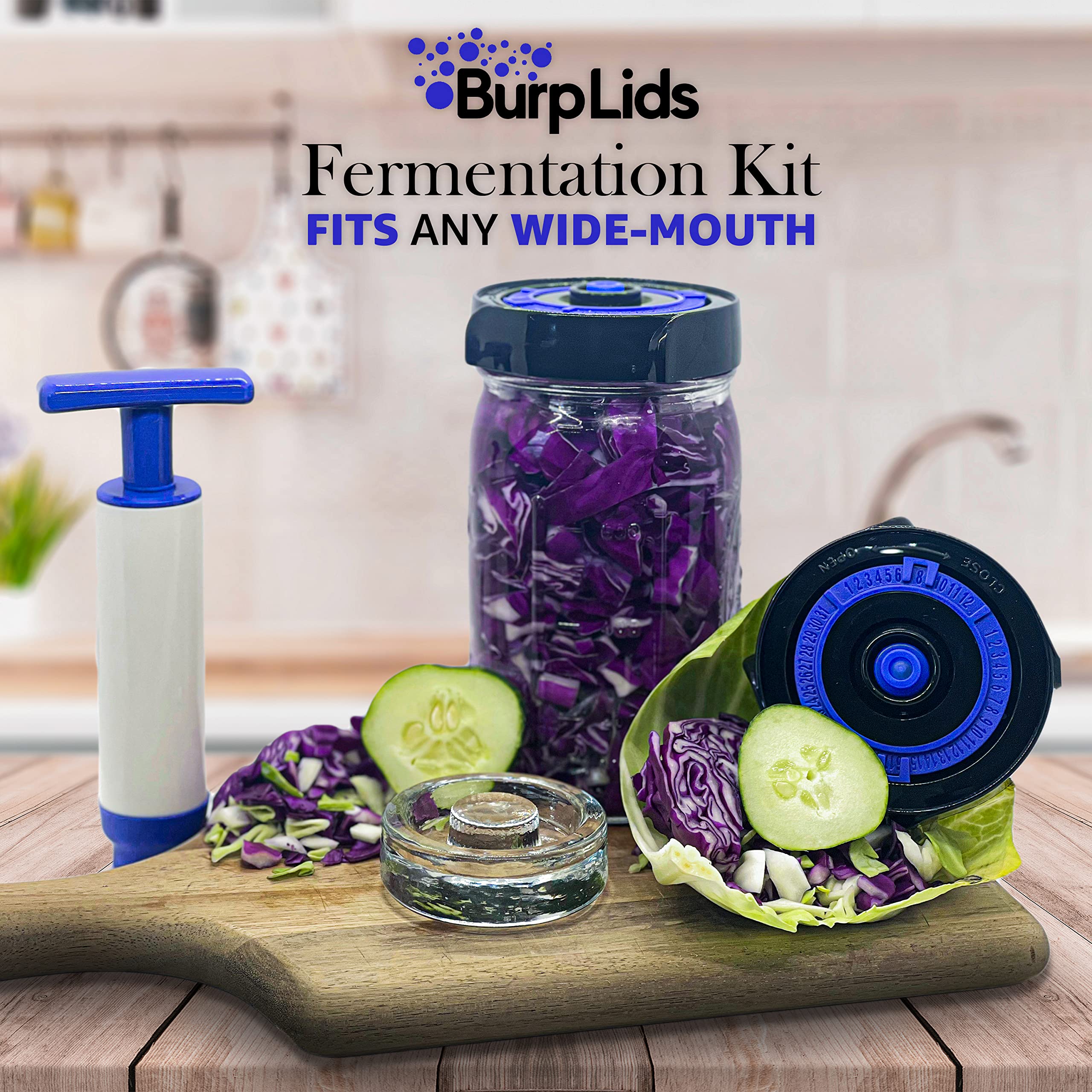 Burp Lids Pack of 4 Fermentation kit, Mason Jars Fermentation Lids | Fits all Wide Mouth Mason Jars | 1 Extraction Pump | 2 Weights with 4 Fermenting Jar Lids