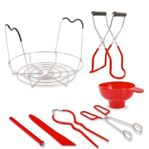 canning supplies starter kit, 304 stainless steel canning set tools: rack, canning funnel, jar lifter, wrench, tongs, lid lifter, bubble popper - red 7 piece