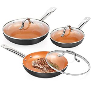 shineuri 6 pieces nonstick copper pans with lid copper frying pans copper nonstick frying pans copper pans with lid copper skillets with lid ceramic fry pan copper pans for cooking - 8/9.5/11 inch