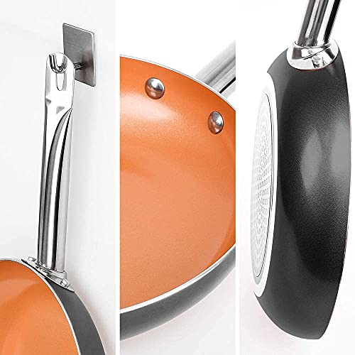 SHINEURI 6 Pieces Nonstick Copper Pans with Lid Copper Frying Pans Copper Nonstick Frying Pans Copper Pans with Lid Copper Skillets with Lid Ceramic Fry Pan Copper Pans for Cooking - 8/9.5/11 inch