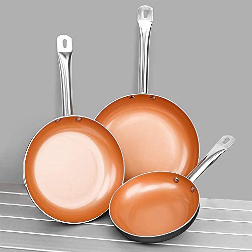 SHINEURI 6 Pieces Nonstick Copper Pans with Lid Copper Frying Pans Copper Nonstick Frying Pans Copper Pans with Lid Copper Skillets with Lid Ceramic Fry Pan Copper Pans for Cooking - 8/9.5/11 inch