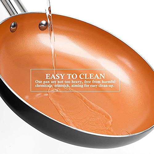 SHINEURI 6 Pieces Nonstick Copper Pans with Lid Copper Frying Pans Copper Nonstick Frying Pans Copper Pans with Lid Copper Skillets with Lid Ceramic Fry Pan Copper Pans for Cooking - 8/9.5/11 inch