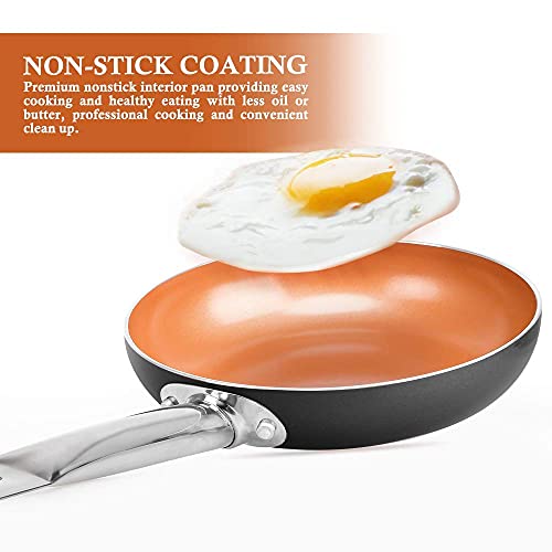 SHINEURI 6 Pieces Nonstick Copper Pans with Lid Copper Frying Pans Copper Nonstick Frying Pans Copper Pans with Lid Copper Skillets with Lid Ceramic Fry Pan Copper Pans for Cooking - 8/9.5/11 inch