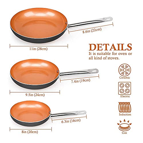 SHINEURI 6 Pieces Nonstick Copper Pans with Lid Copper Frying Pans Copper Nonstick Frying Pans Copper Pans with Lid Copper Skillets with Lid Ceramic Fry Pan Copper Pans for Cooking - 8/9.5/11 inch