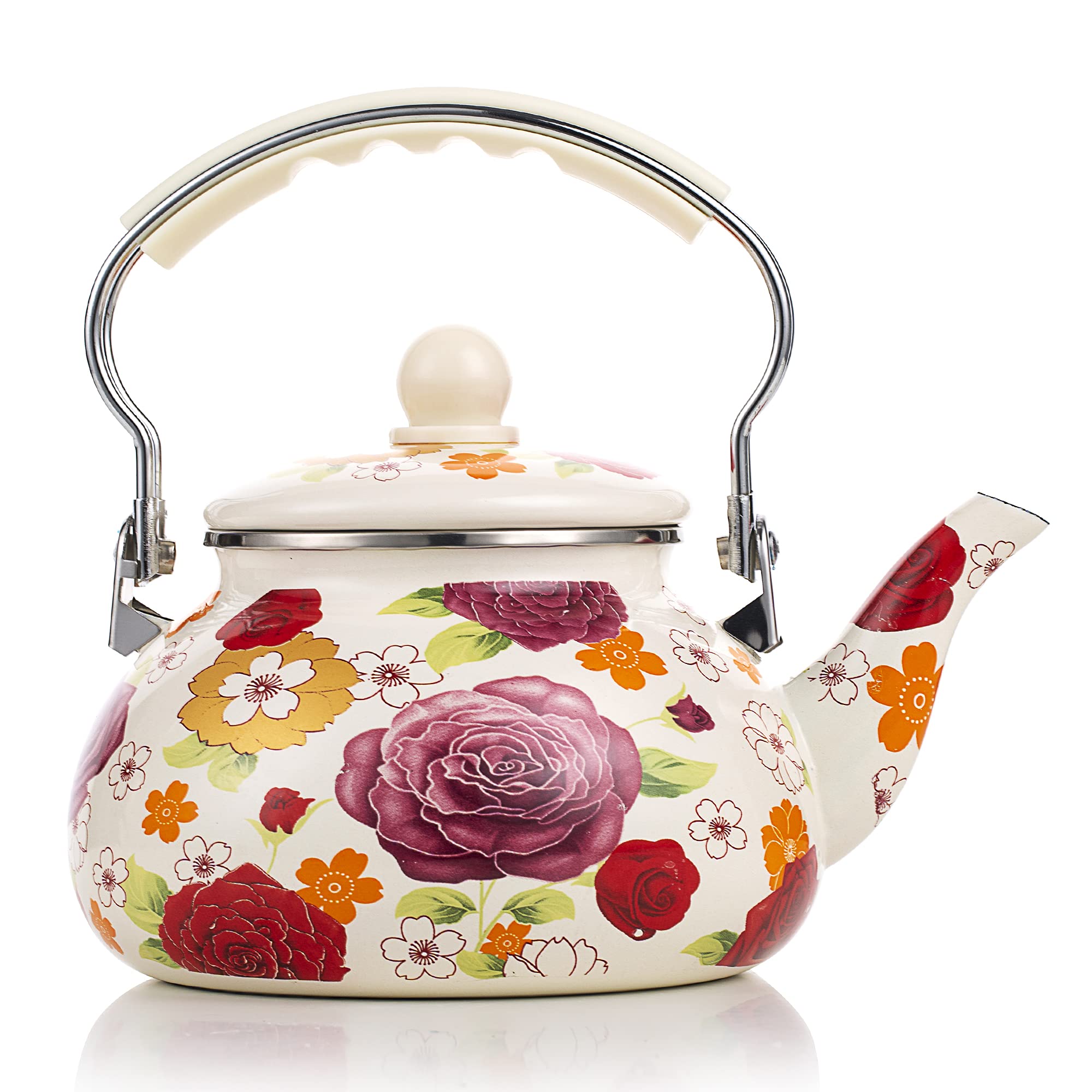 Enamel 2.3 Quart Teapot floral,Large Porcelain Enameled Teakettle,Colorful Hot Water Tea Kettle pot for Stovetop,Small Retro Classic Design, white