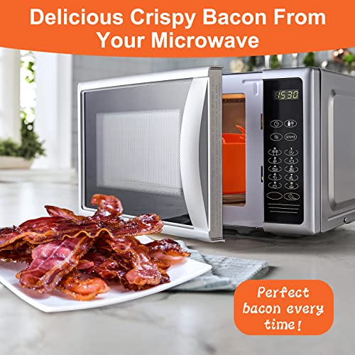 Lucorpor Silicone Bacon Cooker, Orange, Non-Stick, Microwave Oven, Bacon Rack, Tray and Grease Catcher, 9-Stripe, BPA Free