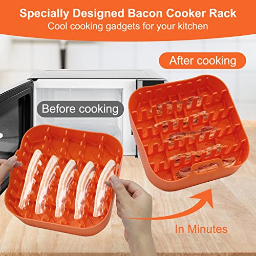 Lucorpor Silicone Bacon Cooker, Orange, Non-Stick, Microwave Oven, Bacon Rack, Tray and Grease Catcher, 9-Stripe, BPA Free