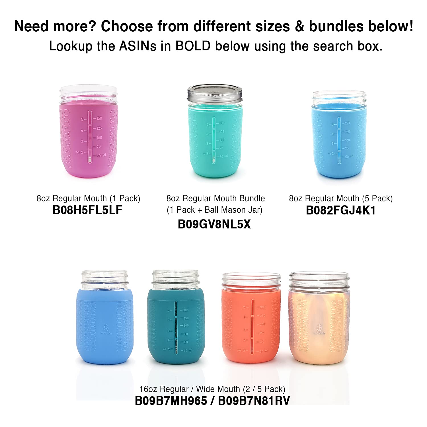 minliving Silicone Mason Jar Sleeve, Kids Cup Holder 5 Pack Value Combo Anti-slip protection - Fits 8oz REGULAR mouth Jelly Canning, Ball and Kerr Jars (Gender Neutral Combo)