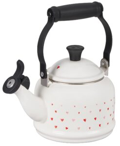 le creuset l'amour collection enamel on steel demi kettle, white with heart applique