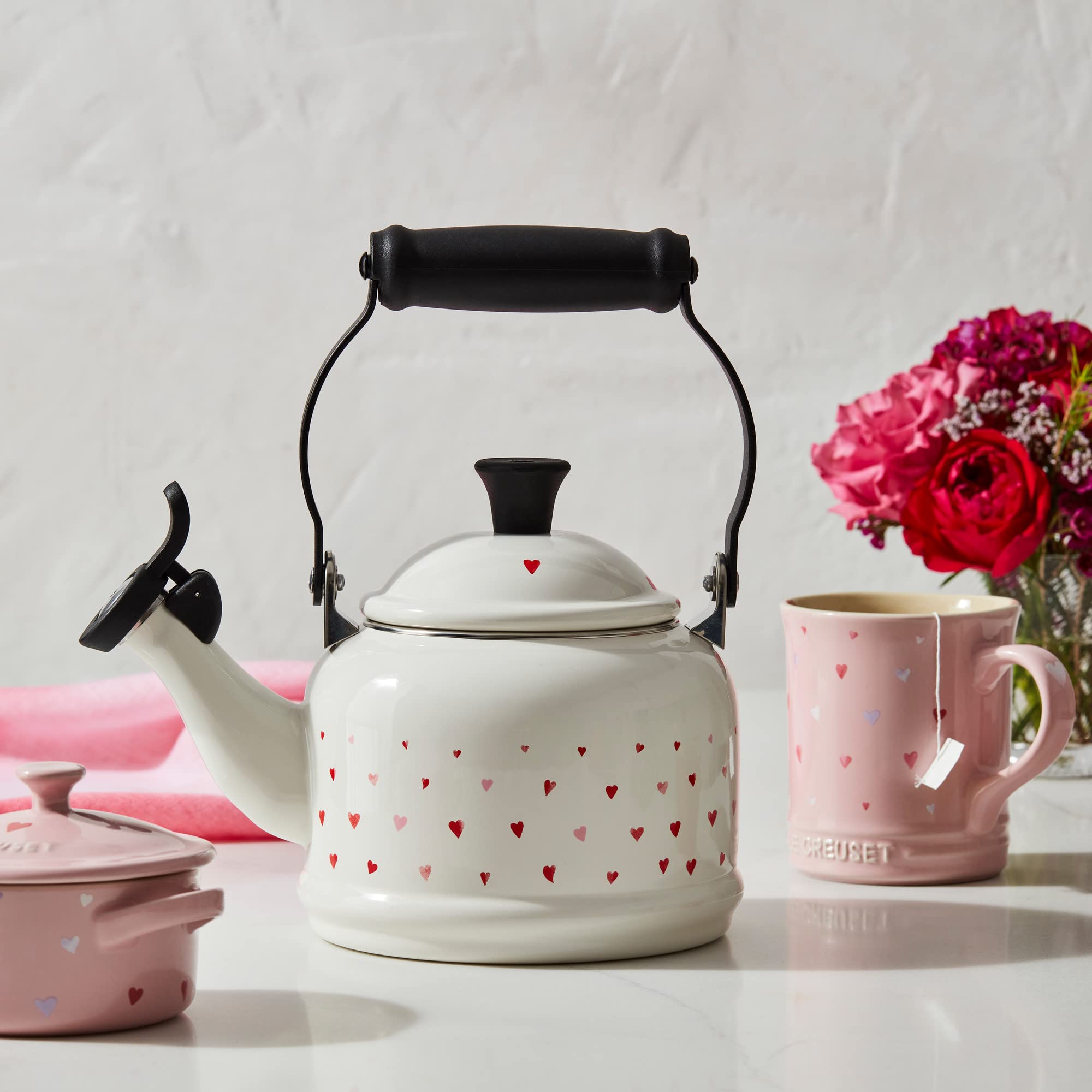 Le Creuset L'Amour Collection Enamel on Steel Demi Kettle, White with Heart Applique