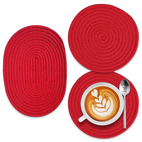 3Pcs Trivets for Hot Dishes - Red Instant Pot Trivet for Hot Pans Kitchen Decor Pot Mat, Woven Trivet Сotton Trivets for Kitchen Counter Protectors Heat Resistant Pads for Countertops