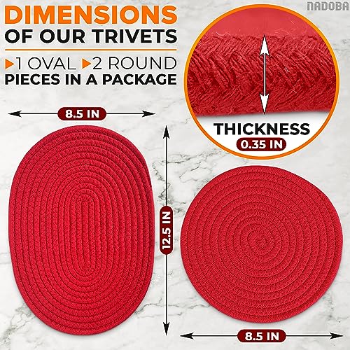 3Pcs Trivets for Hot Dishes - Red Instant Pot Trivet for Hot Pans Kitchen Decor Pot Mat, Woven Trivet Сotton Trivets for Kitchen Counter Protectors Heat Resistant Pads for Countertops