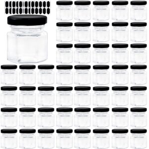 comrzor 1.5 oz mini hexagon glass jars, 48 pack empty honey jars small spice jars with black lids and 50pcs labels for jam, homemade projects, gifts, wedding party favors