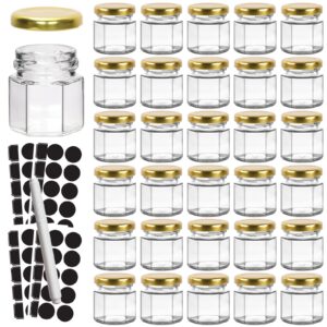 1.5 oz hexagon glass jars with gold lids, 30 pack honey jars canning jars small spice jars for jelly, herb, jams, candy, wedding favors, includes labels and pen