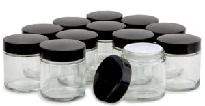 vivaplex, 12, clear, 4 oz, round glass jars, with inner liners and black lids