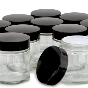 Vivaplex, 12, Clear, 4 oz, Round Glass Jars, with Inner Liners and black Lids