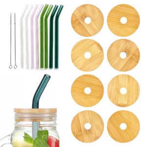 8 piece mason jar lids with straw hole, bamboo mason jar lids, bamboo lids for beer can glass, mason jar drinking lids with 8 pcs bent glass straws and 2 cleaning brushes, wooden mason jar lids