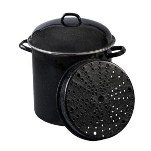 granite ware 15 qt heavy gauge seafood, tamale, steamer pot with lid and trivet. (speckled black) enamelware. stainless steel. suitable for cooktops, oven to table. dishwasher safe.