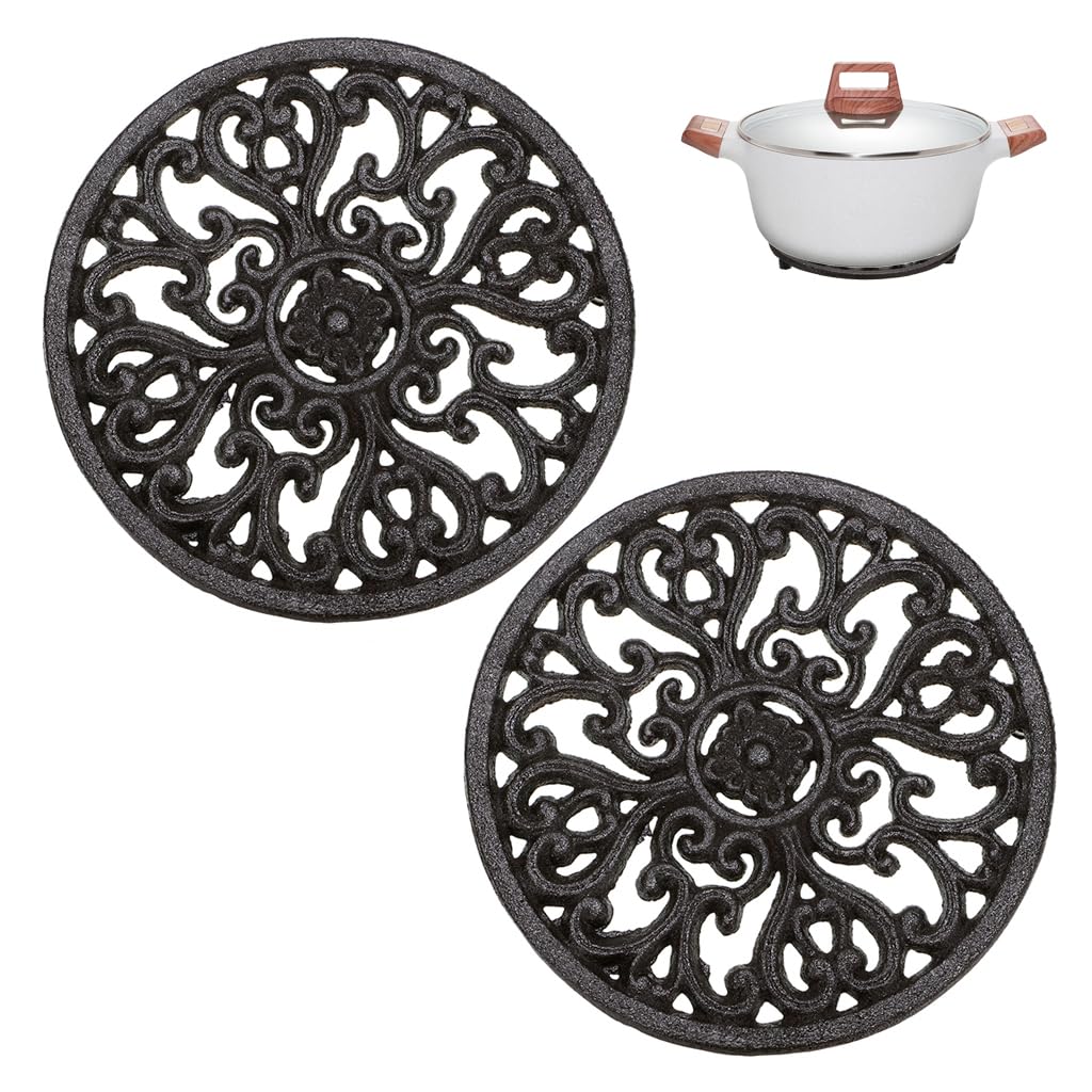 Sumnacon 2Pcs Round Cast Iron Trivets - 6.7 Inch Heat Resistant Iron Trivets for Hot Dish Pot Pan Plate Teapot, Rustic Cast Iron Hot Dish Plate Holder for Kitchen Dining Table Countertop Cooktop