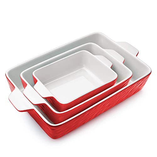 Krokori Casserole Dishes for Oven, Baking Dishes Lasagna Pan Ceramic Baking Pan Deep Glaze Bakeware for Cooking, Kitchen, Cake Dinner, Banquet and Daily Use, 3PCS (11.6 x 7.8 Inches, Red)