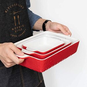 Krokori Casserole Dishes for Oven, Baking Dishes Lasagna Pan Ceramic Baking Pan Deep Glaze Bakeware for Cooking, Kitchen, Cake Dinner, Banquet and Daily Use, 3PCS (11.6 x 7.8 Inches, Red)