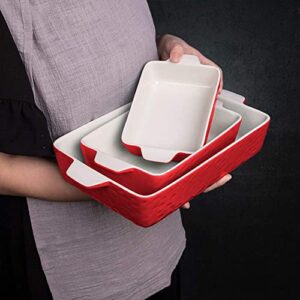 Krokori Casserole Dishes for Oven, Baking Dishes Lasagna Pan Ceramic Baking Pan Deep Glaze Bakeware for Cooking, Kitchen, Cake Dinner, Banquet and Daily Use, 3PCS (11.6 x 7.8 Inches, Red)