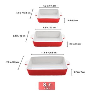 Krokori Casserole Dishes for Oven, Baking Dishes Lasagna Pan Ceramic Baking Pan Deep Glaze Bakeware for Cooking, Kitchen, Cake Dinner, Banquet and Daily Use, 3PCS (11.6 x 7.8 Inches, Red)