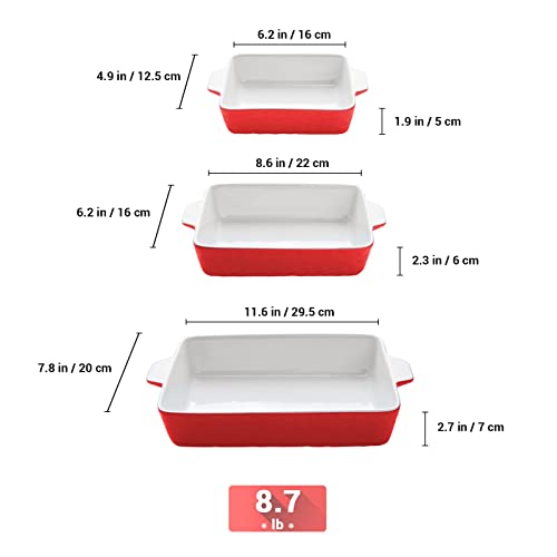 Krokori Casserole Dishes for Oven, Baking Dishes Lasagna Pan Ceramic Baking Pan Deep Glaze Bakeware for Cooking, Kitchen, Cake Dinner, Banquet and Daily Use, 3PCS (11.6 x 7.8 Inches, Red)