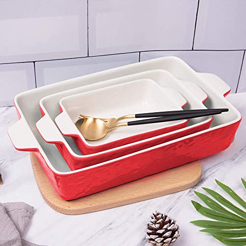 Krokori Casserole Dishes for Oven, Baking Dishes Lasagna Pan Ceramic Baking Pan Deep Glaze Bakeware for Cooking, Kitchen, Cake Dinner, Banquet and Daily Use, 3PCS (11.6 x 7.8 Inches, Red)