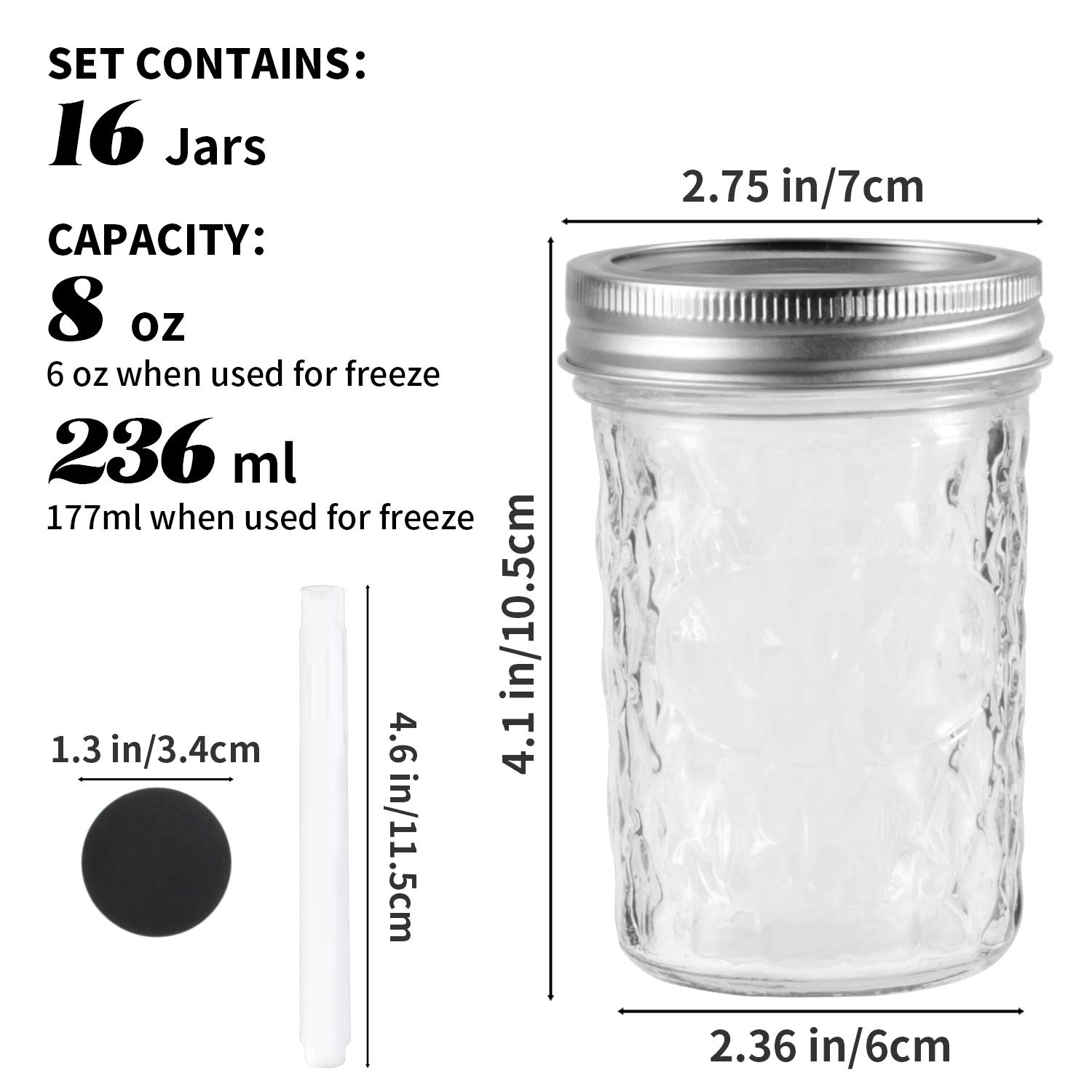 OAMCEG 16 Pack 8 OZ Mason Jars with Lids Regular Mouth Canning Jars, 100% Recycled Glass Bottles for Regular Mouth Mason Jars, Ideal for Juice, Jam, Honey and Spice, Honey, Baby Foods