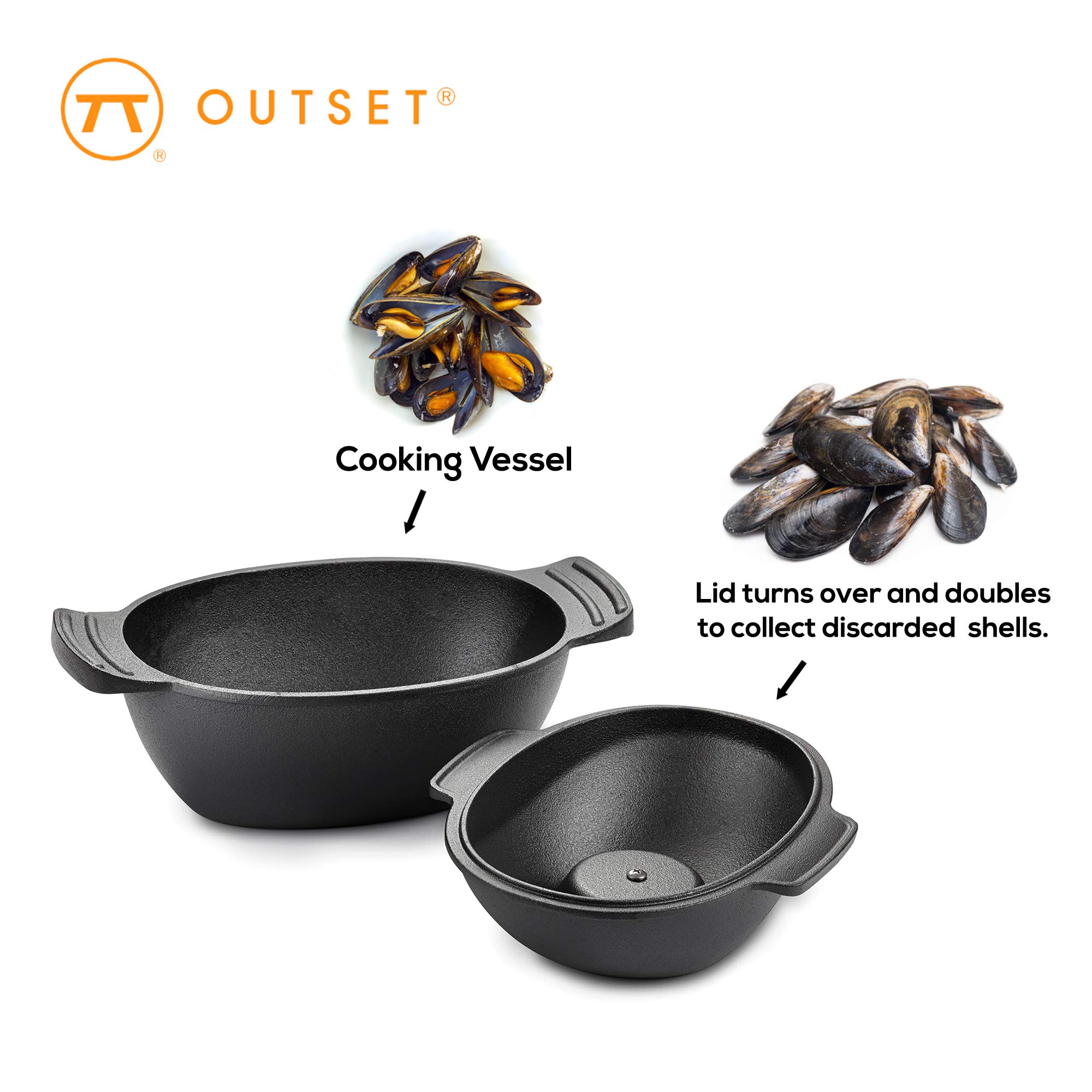 Outset - 76495 Outset Cast Iron Seafood and Mussel Pot with Lid for Empty Shells, 2.5 Quart, Black