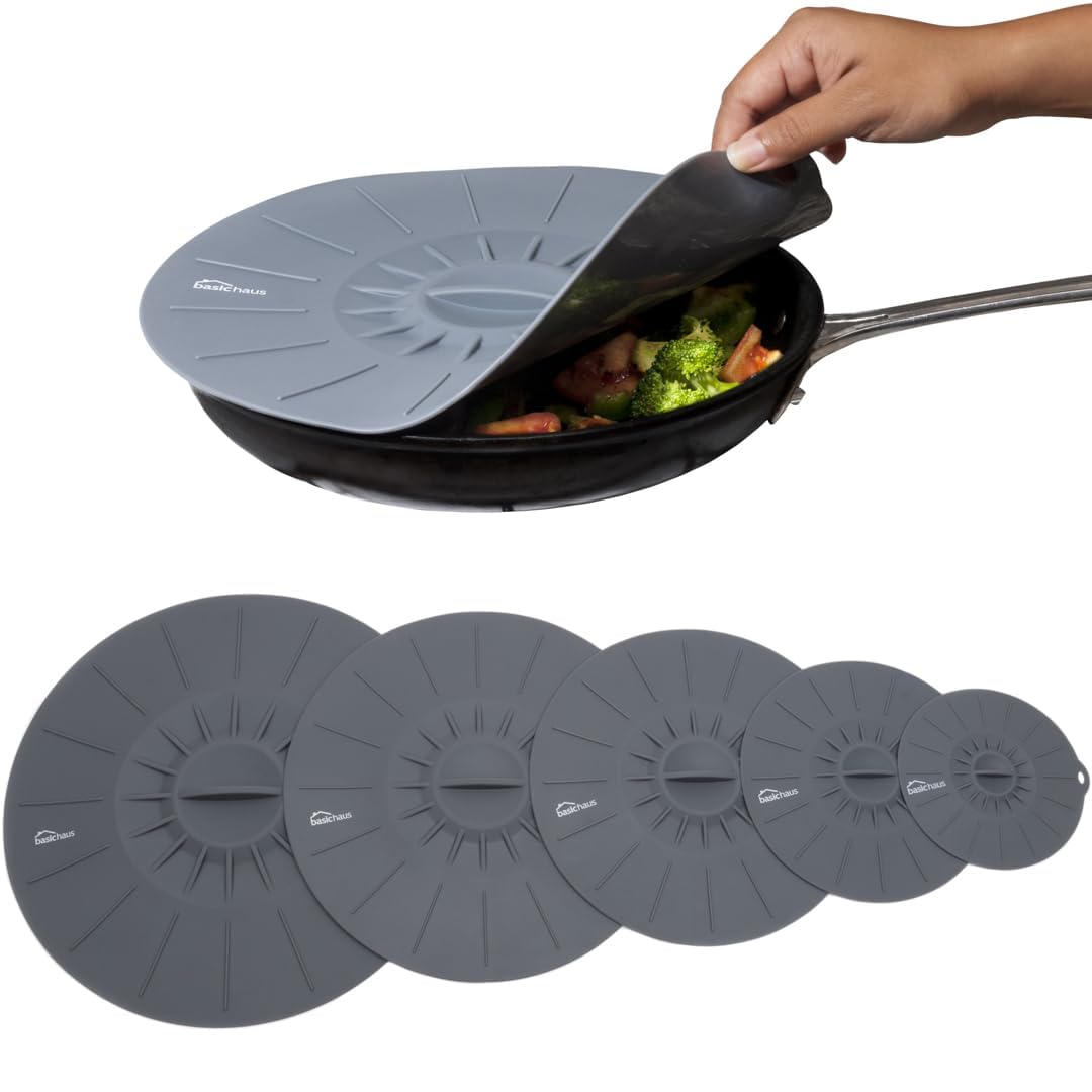 Basic Haus Microwave Cover Silicone Lids - Set of 5: 6, 8, 10, 12 and 14 inches - Suction Covers for Pots, Pans, Bowls, Cups, Skillets - Splatter Protection - Easy Food Storage - BPA Free - Oven Safe