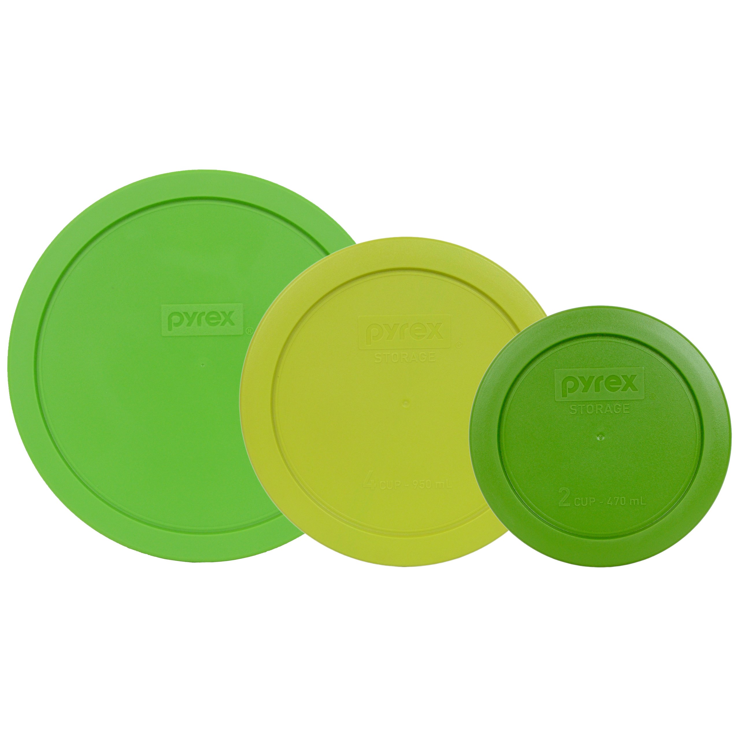 Pyrex (1) 7402-PC Green, (1) 7200-PC Lawn Green, & (1) 7201-PC Edamame Green Plastic Storage Lid, Made in USA