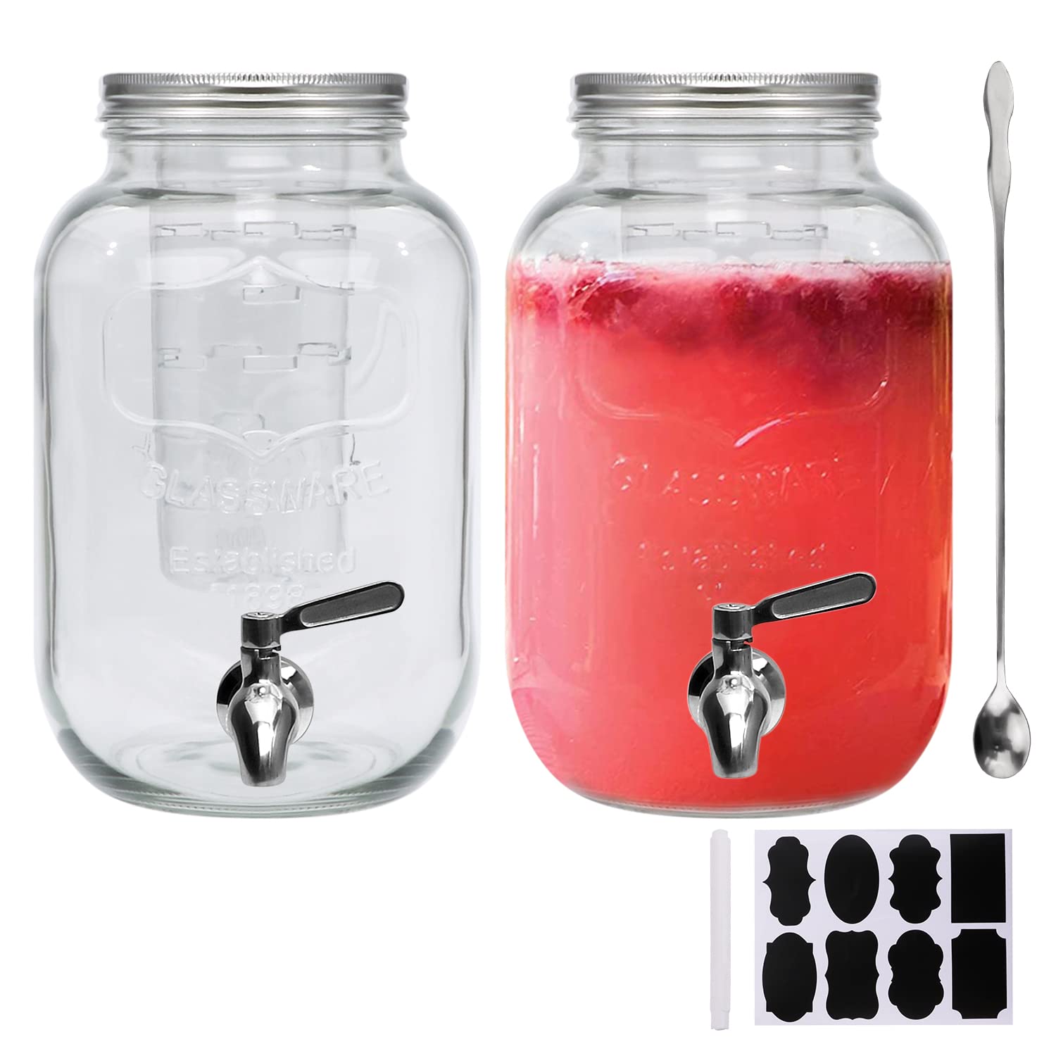 1 Gallon / 4000ml Clear Mason Jar With Lids, Airtight Glass Jars With Stainless Water Faucet and Ice Cylinder Perfect for Beer, Sun Tea, Coffee, Coke and Cold Drinks, 2 pack