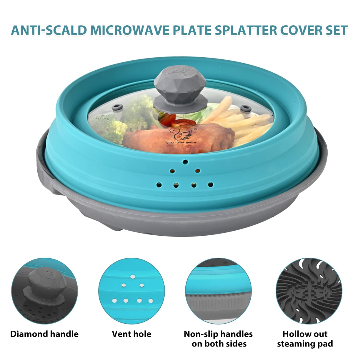 Microwave Splatter Silicone Cover Collapsible Steamer, Vented Multifunction Splash Lid with Glass Dish Bowl Plate for Food Cooking Bacon Maker, Dishwasher Safe BPA-Free 10.5 inch Cookware Set