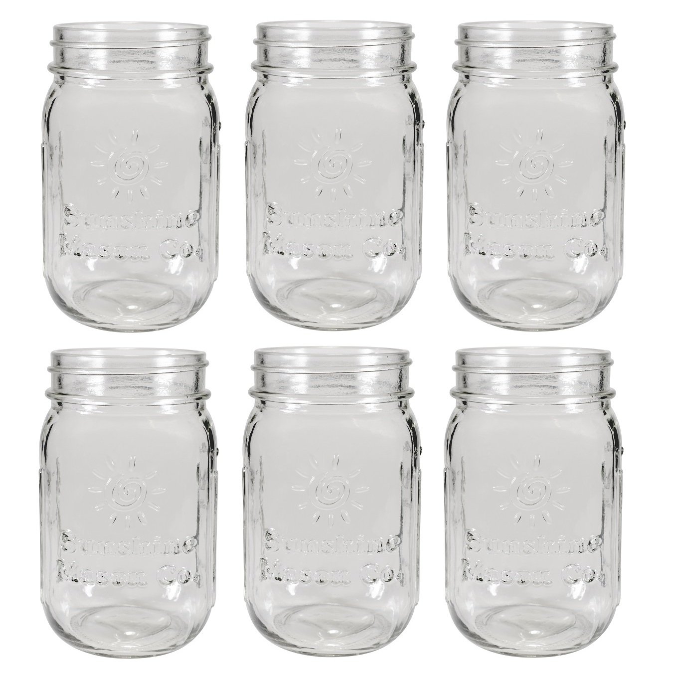 Sunshine Mason Co. Pint Size (16 ounce, 473 mL) Regular Mouth Drinking Glass Mason Jars 6 Pieces