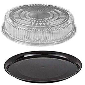 16" Black Round Flat Catering Serving Party Tray Food Platter + Clear Dome Lid (Pack of 10 Sets)