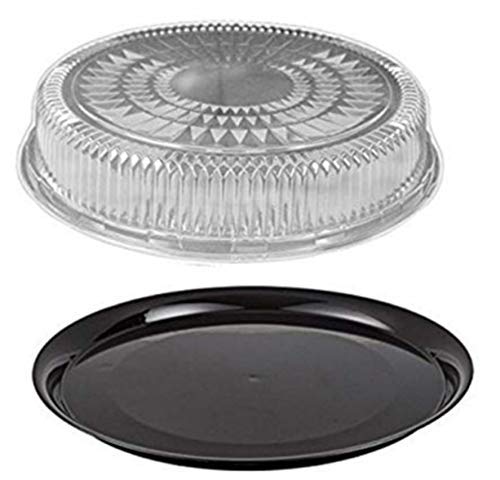 16" Black Round Flat Catering Serving Party Tray Food Platter + Clear Dome Lid (Pack of 10 Sets)