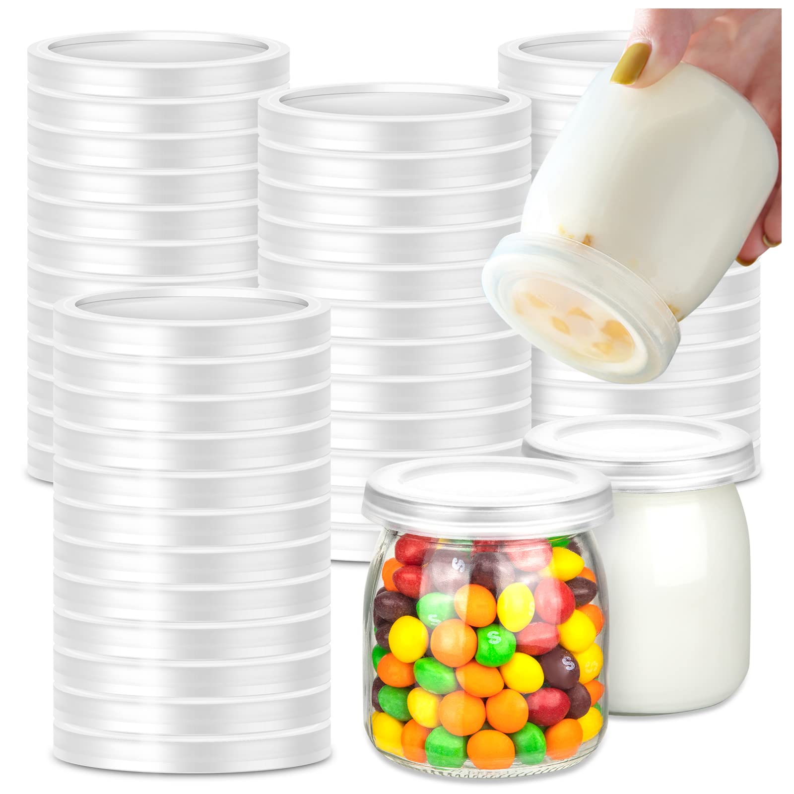 50Pcs Yogurt Jar Lids Set, Yogurt Container Lids Clear Plastic, Reusable Replacement Food Storage Lids for Yogurt Jar Sealing Rings Wide Mouth Storage(2.6inch)