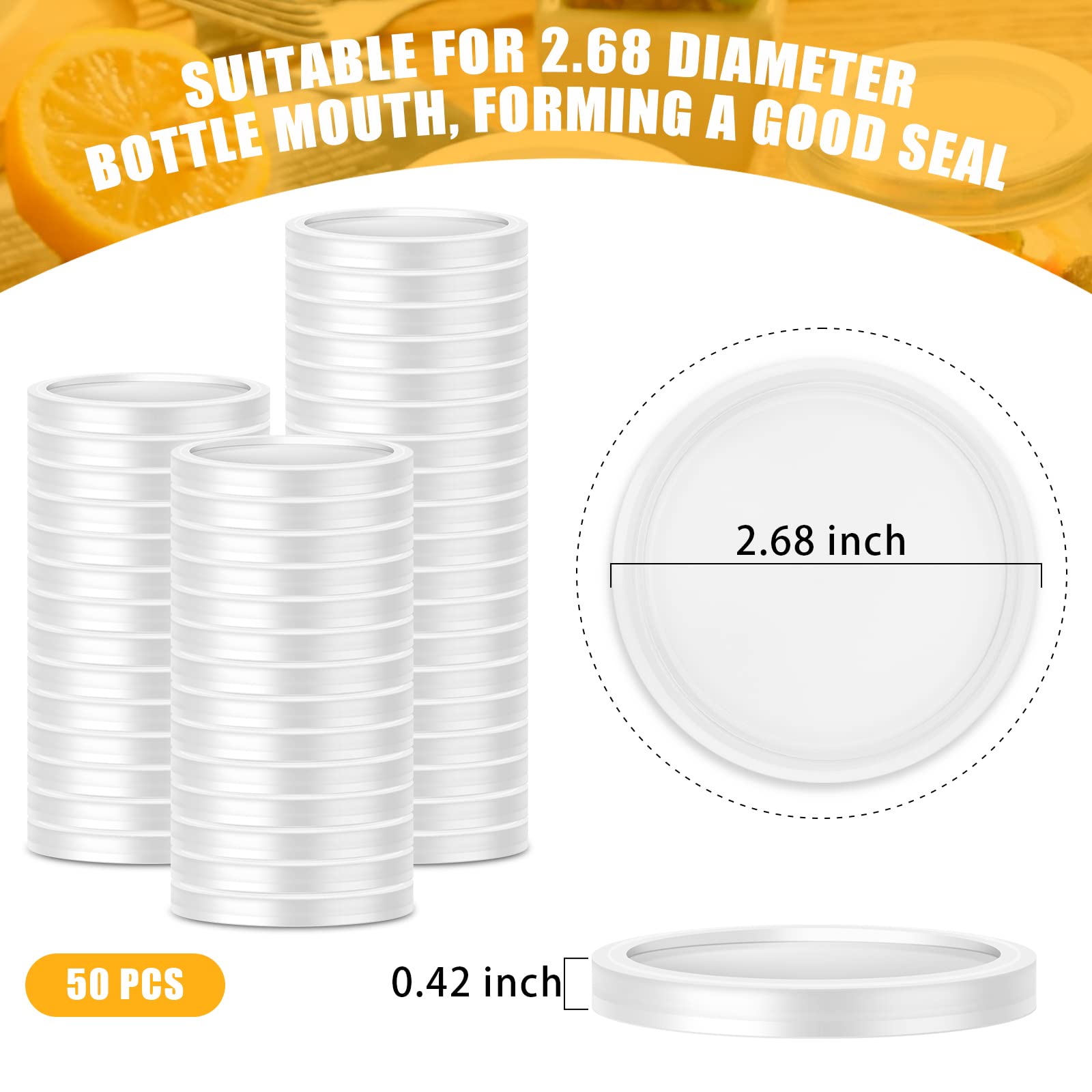 50Pcs Yogurt Jar Lids Set, Yogurt Container Lids Clear Plastic, Reusable Replacement Food Storage Lids for Yogurt Jar Sealing Rings Wide Mouth Storage(2.6inch)